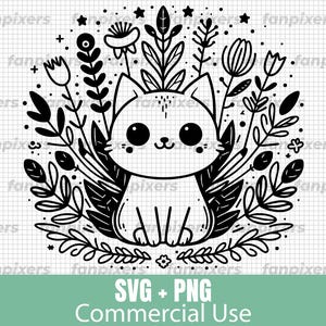 Cute Floral Kitty SVG and PNG Digital File, Perfect for Commercial Use ...