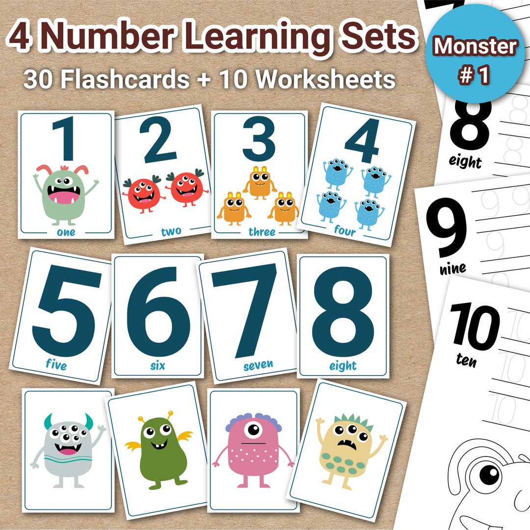 Numbers Flashcards and Worksheets Set 1, Monster Counting Cards ...