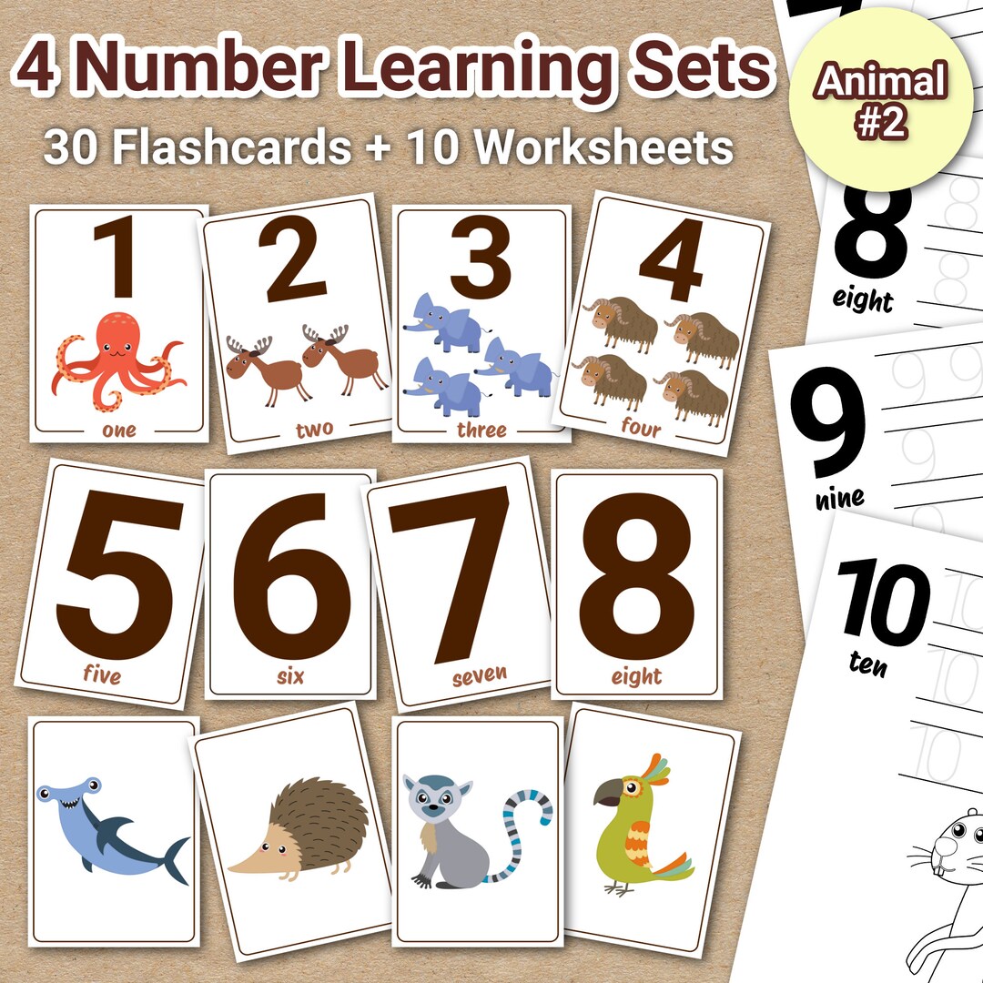 Numbers Flashcards and Worksheets Set 2, Animal Counting Cards ...