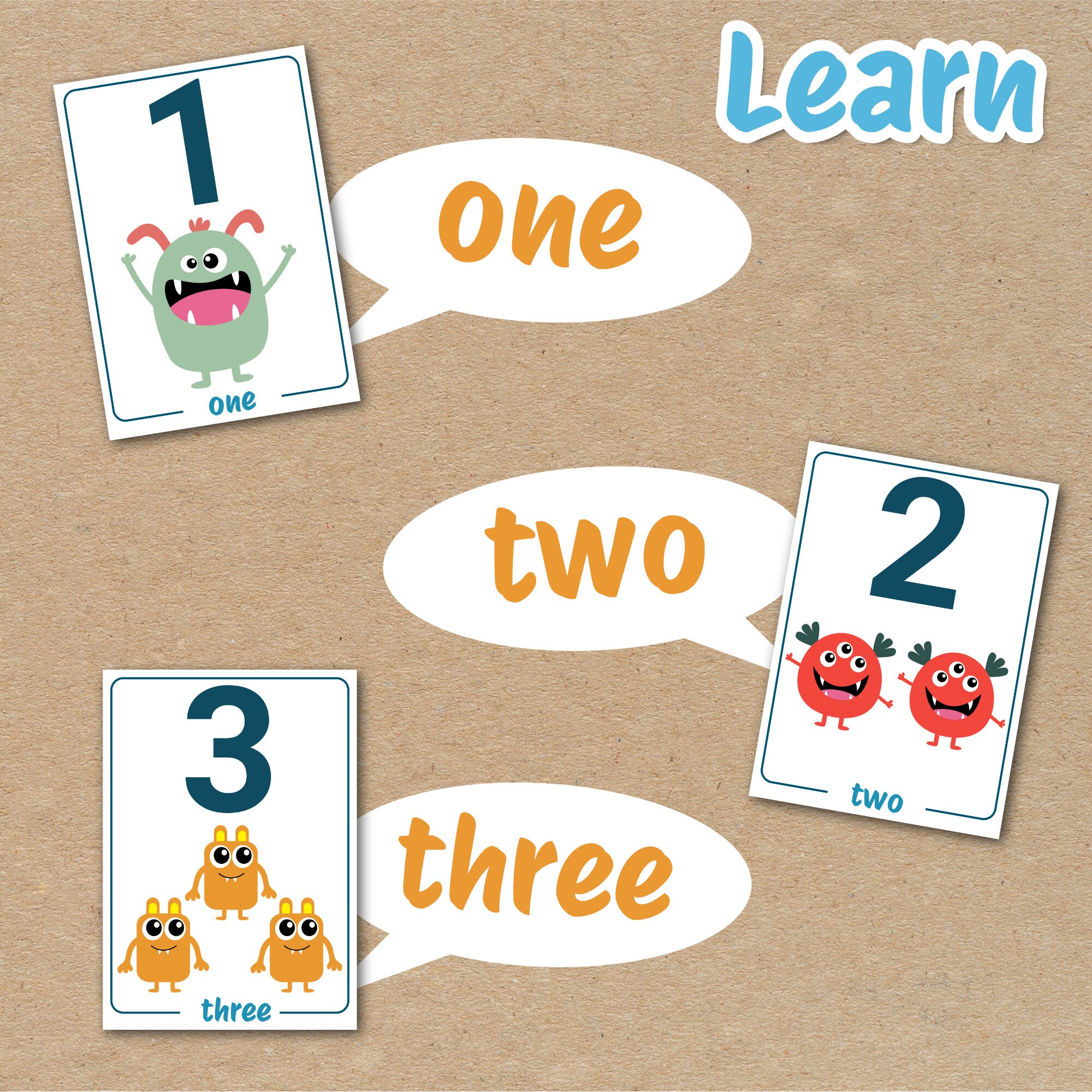 Numbers Flashcards and Worksheets Set 1, Monster Counting Cards ...