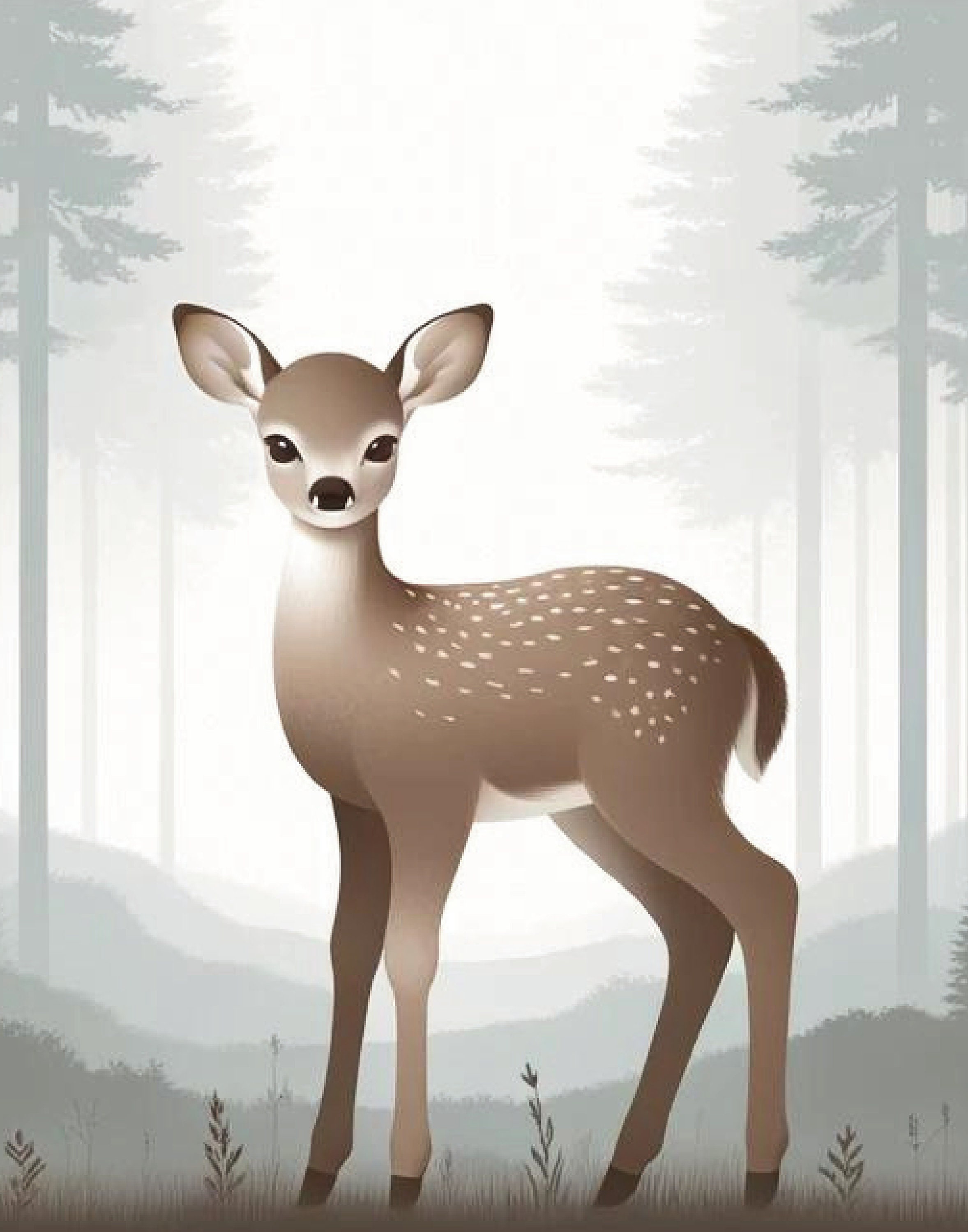 Enchanted Forest Fawn Art Print - Gentle Deer in Misty Woods, Serene ...