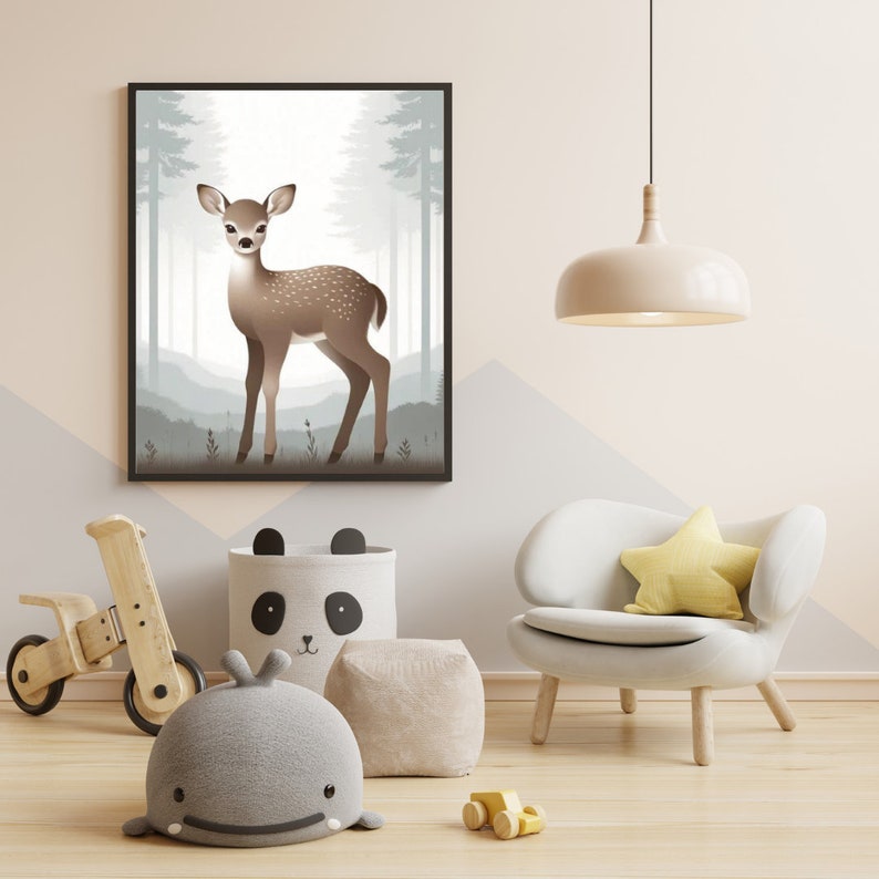 Enchanted Forest Fawn Art Print - Gentle Deer in Misty Woods, Serene ...