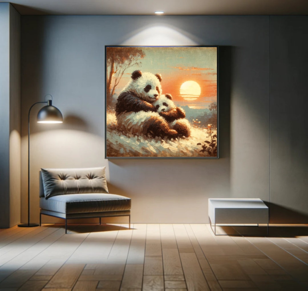 Pandas Cuddling Sunset, Vintage Print, Printable Wall Art, Oil Painting ...