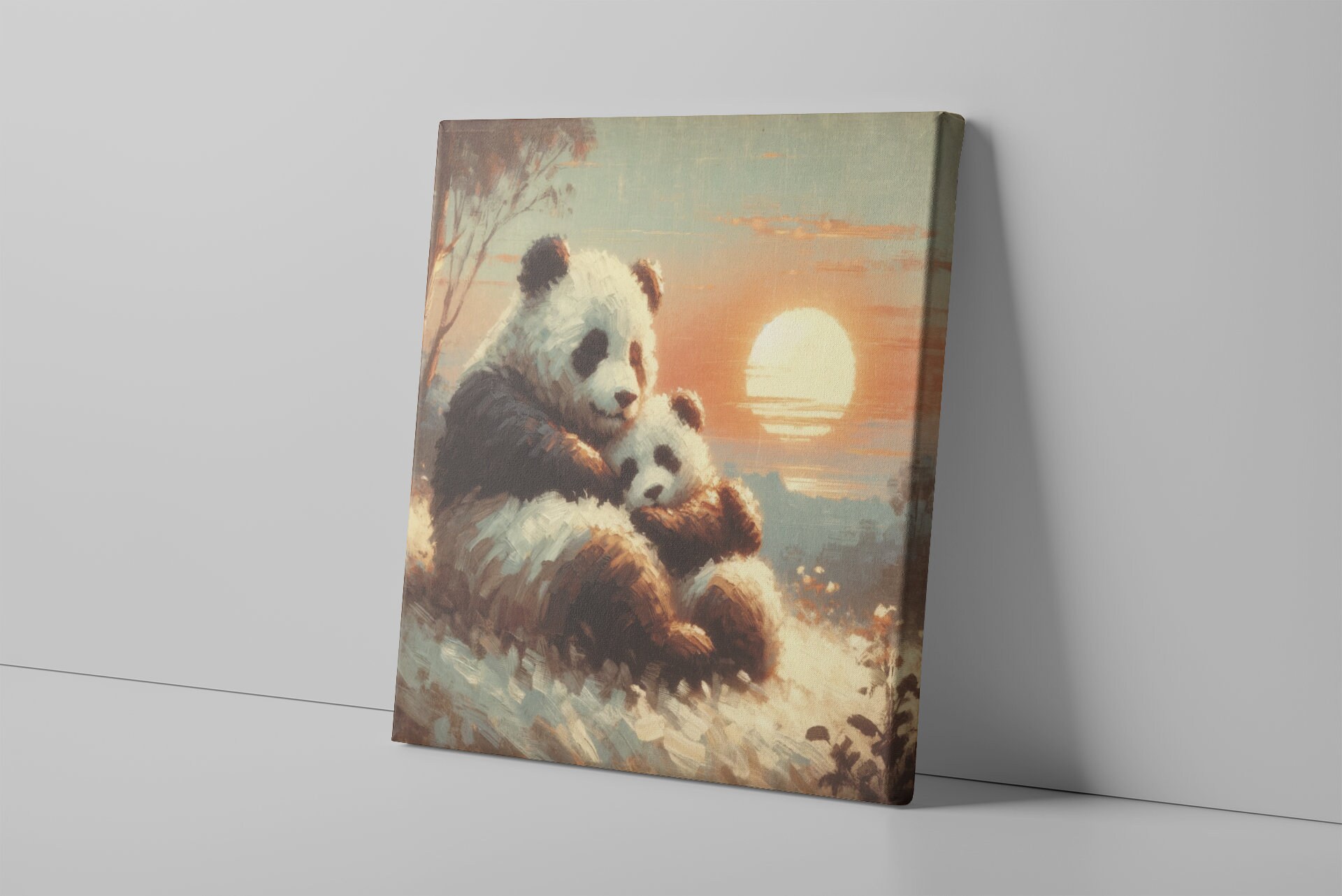 Pandas Cuddling Sunset, Vintage Print, Printable Wall Art, Oil Painting ...