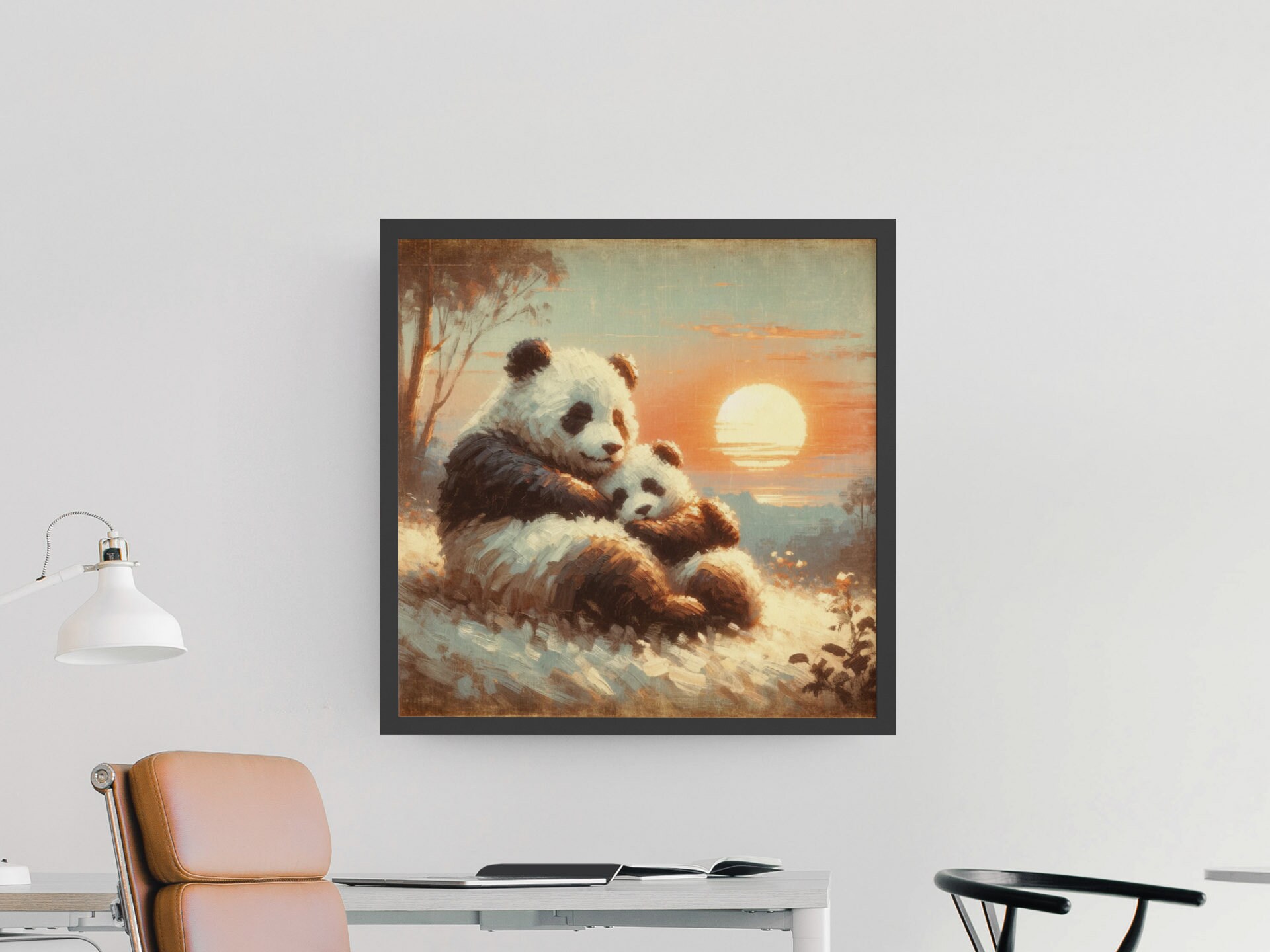 Pandas Cuddling Sunset, Vintage Print, Printable Wall Art, Oil Painting ...