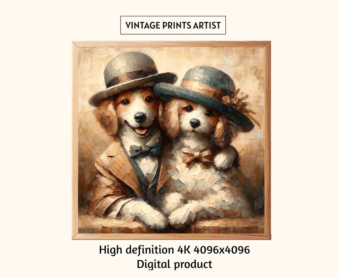 Vintage Print, Cute Dogs Cuddling, Printable Wall Art, Oil Painting ...