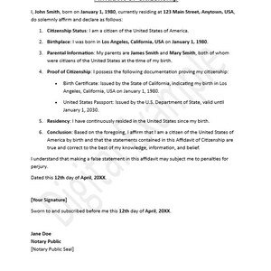 Affidavit of Citizenship Template - Etsy