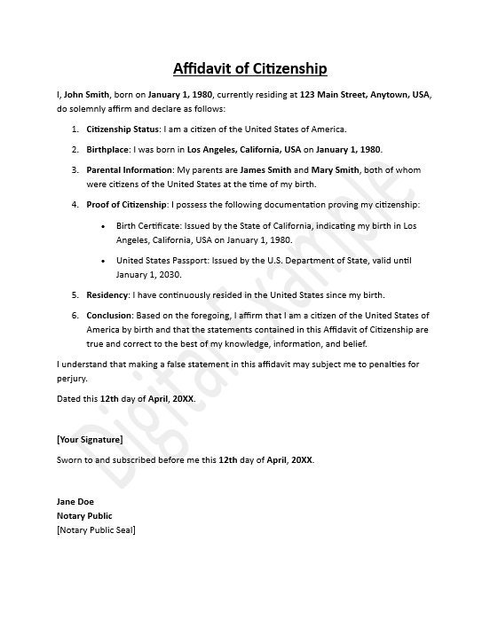 Affidavit of Citizenship Template - Etsy
