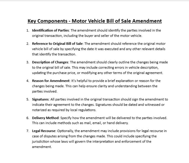 Motor Vehicle Bill of Sale Amendment Template - Etsy
