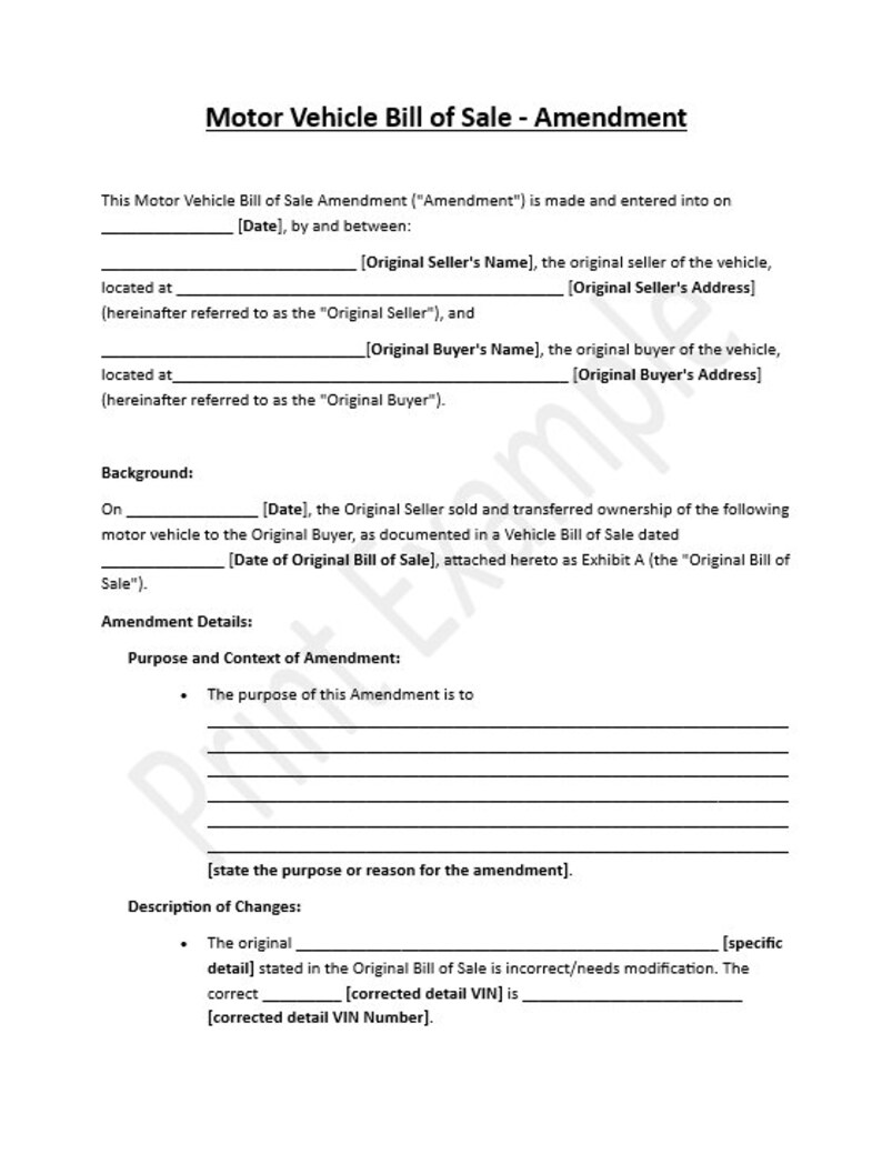 Motor Vehicle Bill of Sale Amendment Template - Etsy