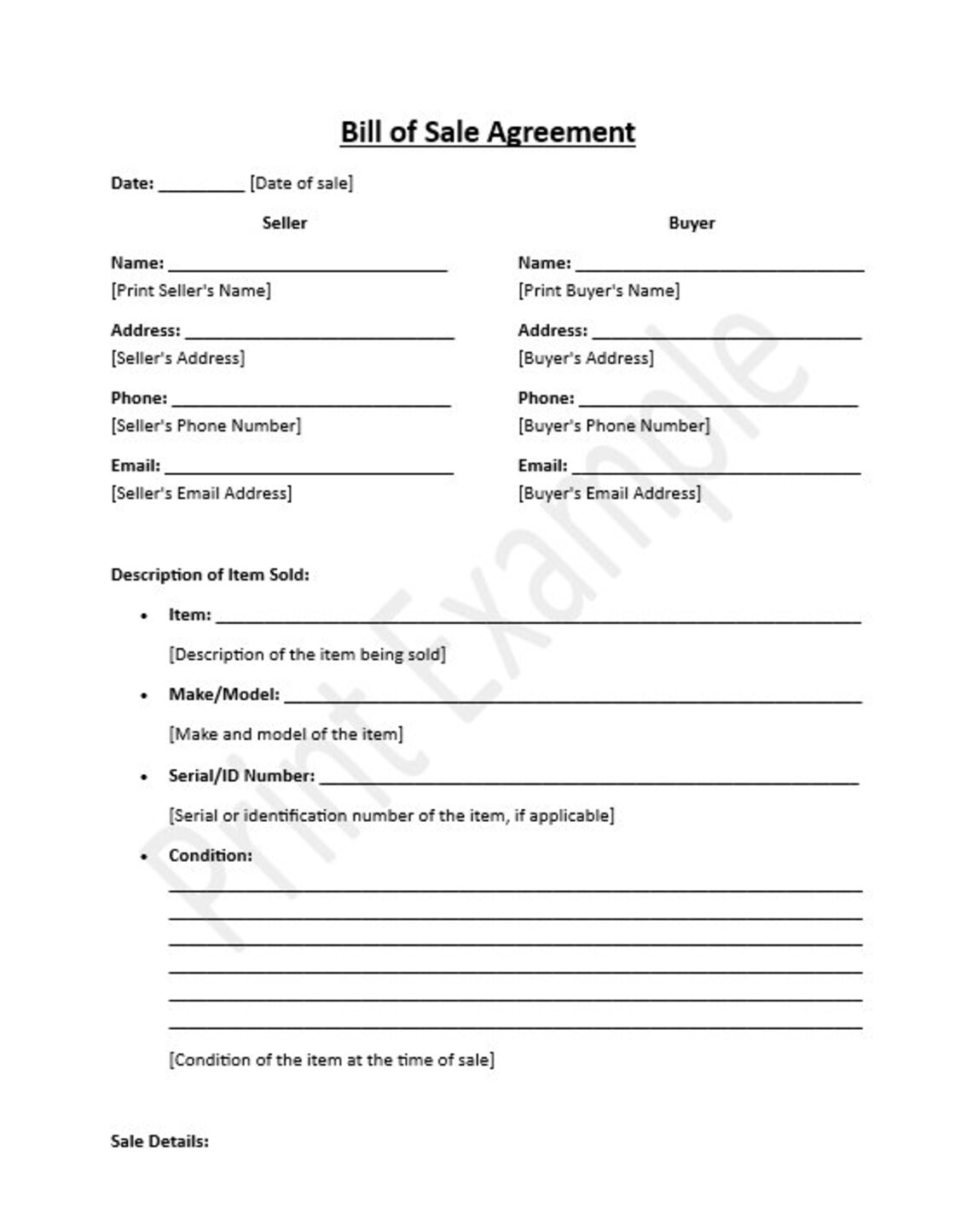 Bill of Sale Agreement Template - Etsy