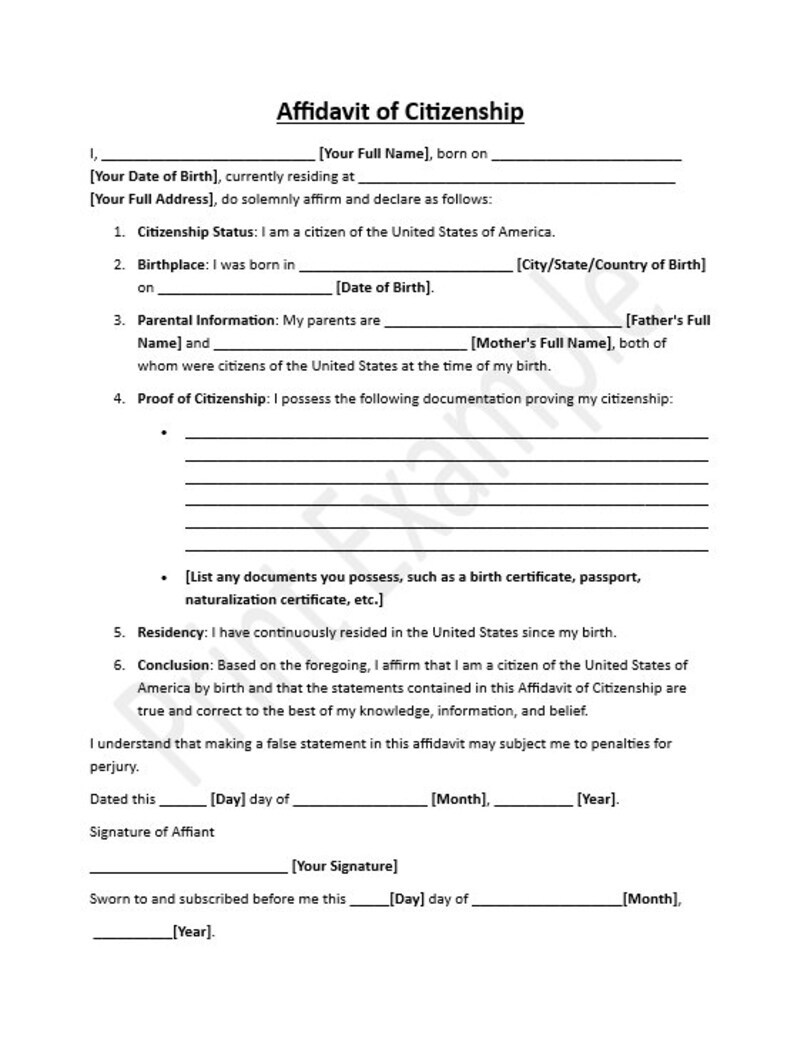 Affidavit of Citizenship Template - Etsy