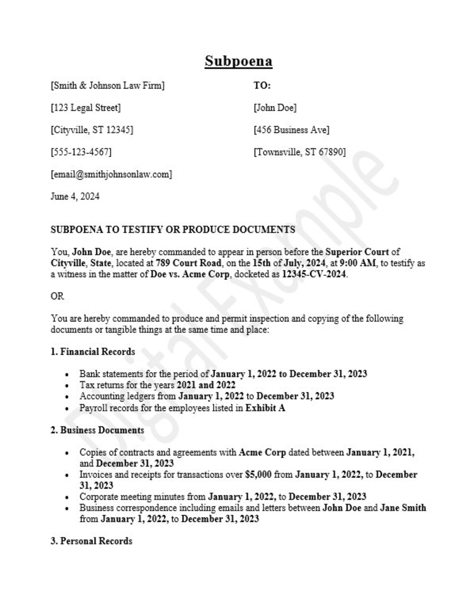 Subpoena Template: 2 Versions, Printable & Digital (digital Download ...