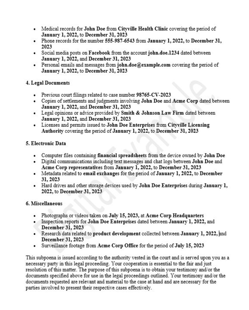 Subpoena Template: 2 Versions, Printable & Digital (digital Download ...