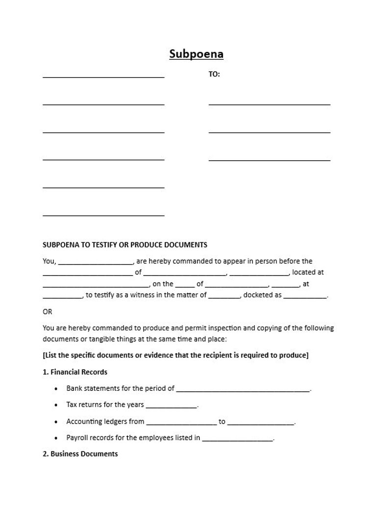 Subpoena Template: 2 Versions, Printable & Digital (digital Download ...