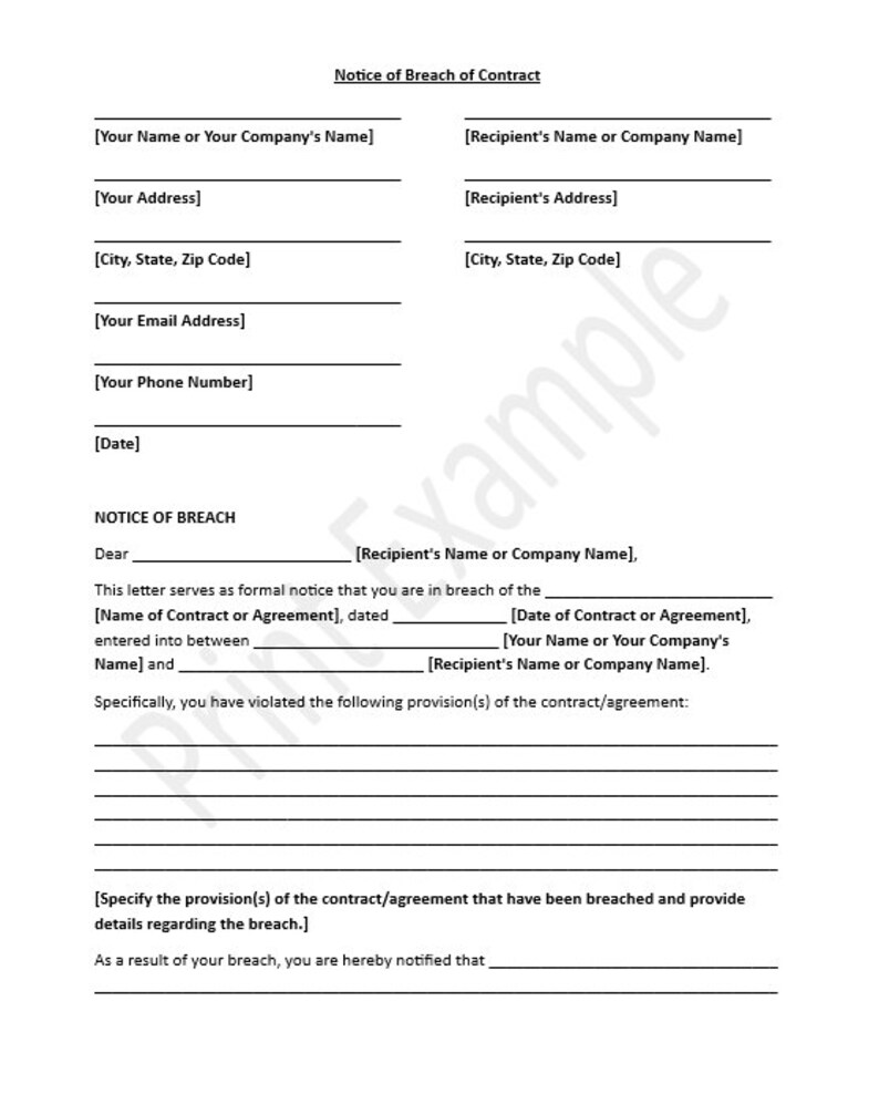 Notice of Breach of Contract Template - Etsy