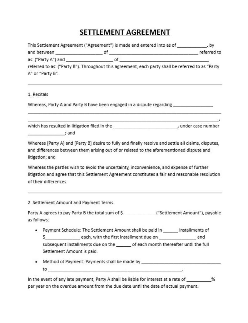 Settlement Agreement Template - Etsy