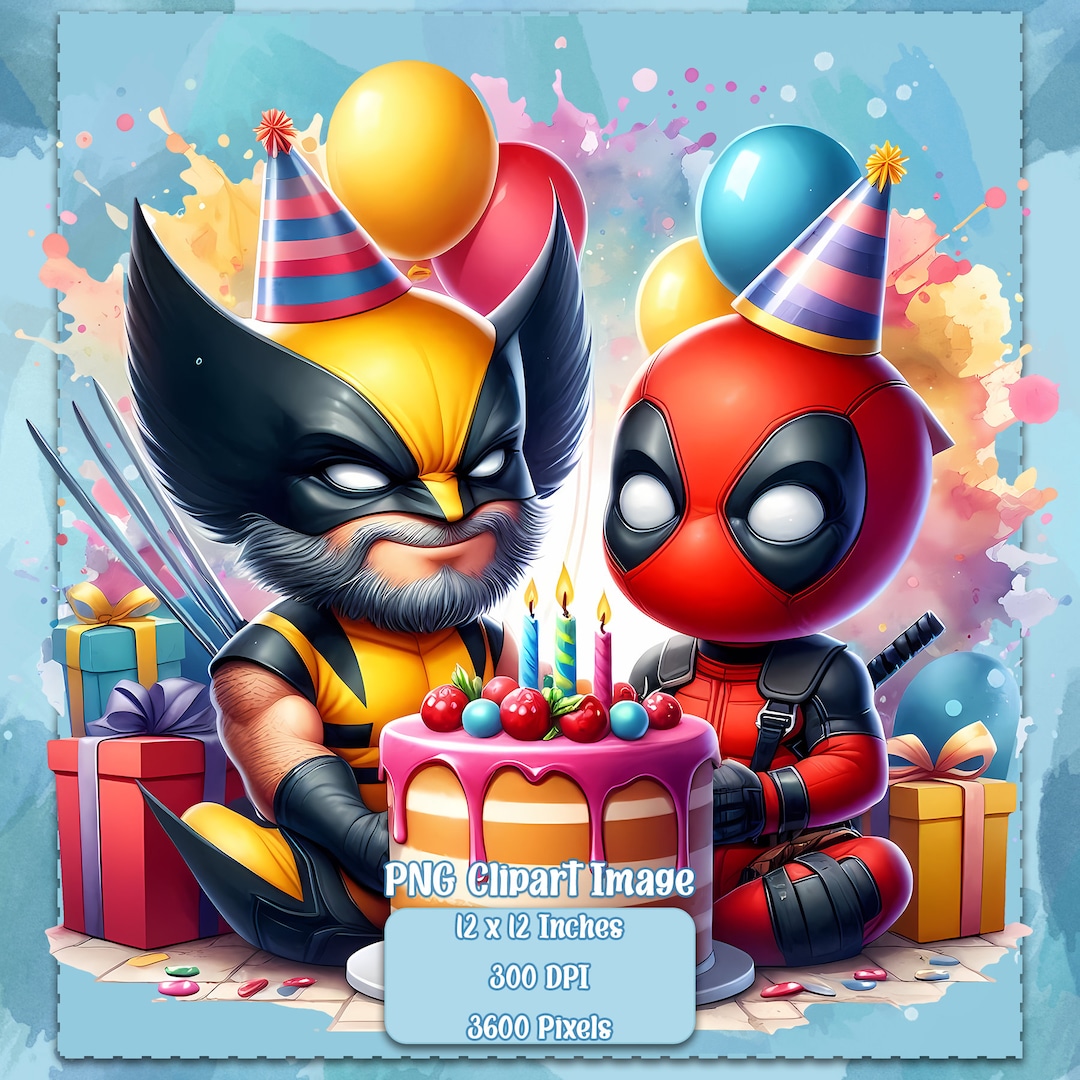 Deadpool and Wolverine Birthday Watercolor Splash, Clipart Images ...