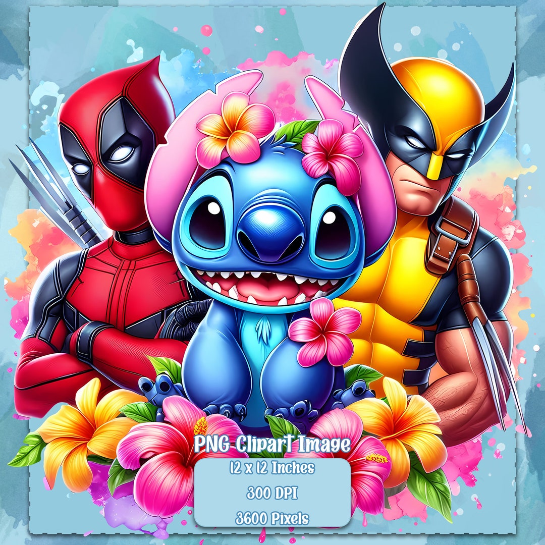 Stitch, Wolverine and Deadpool Watercolor Splash, Clipart Images ...