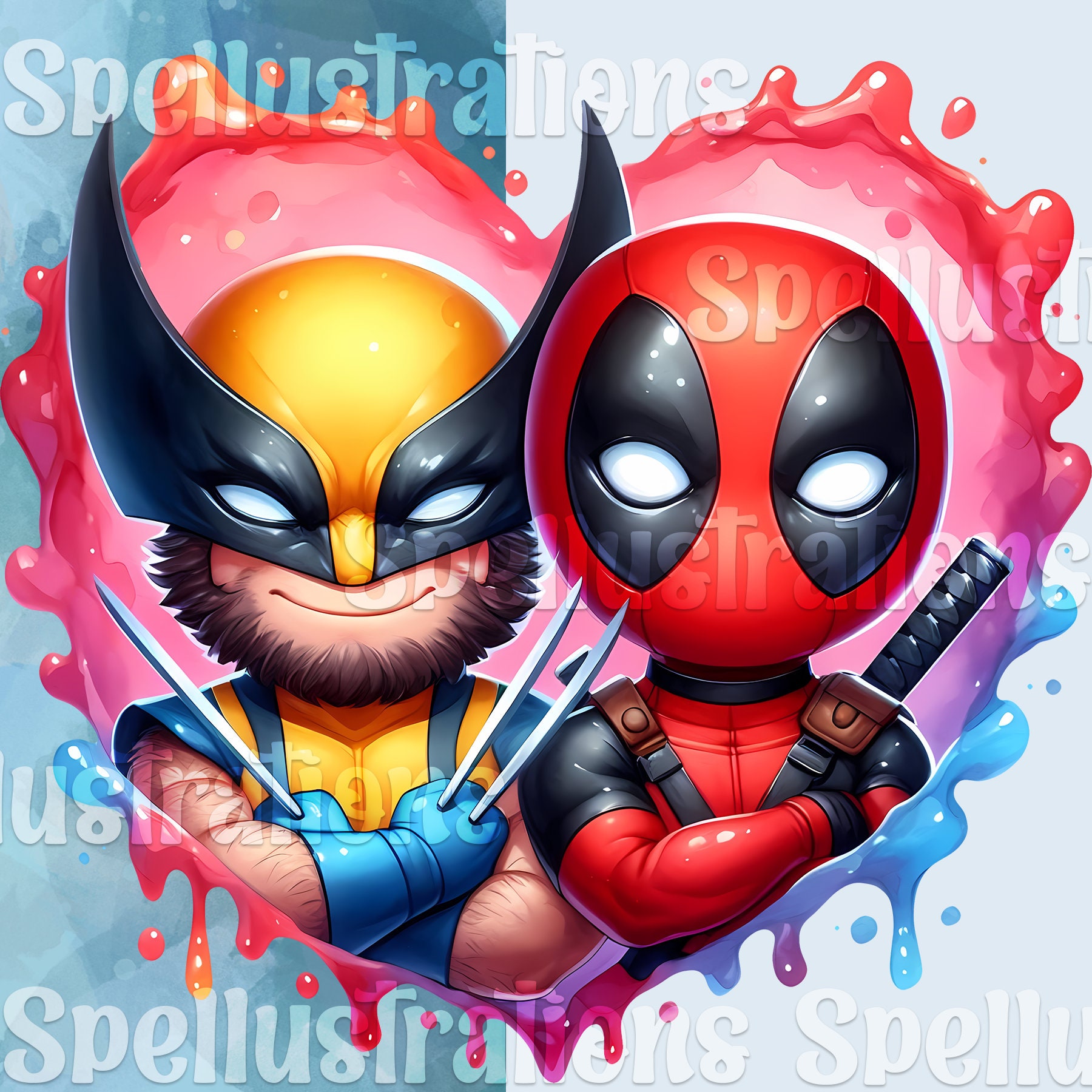 Wolverine and Deadpool Heart Watercolor Splash, Clipart Images ...