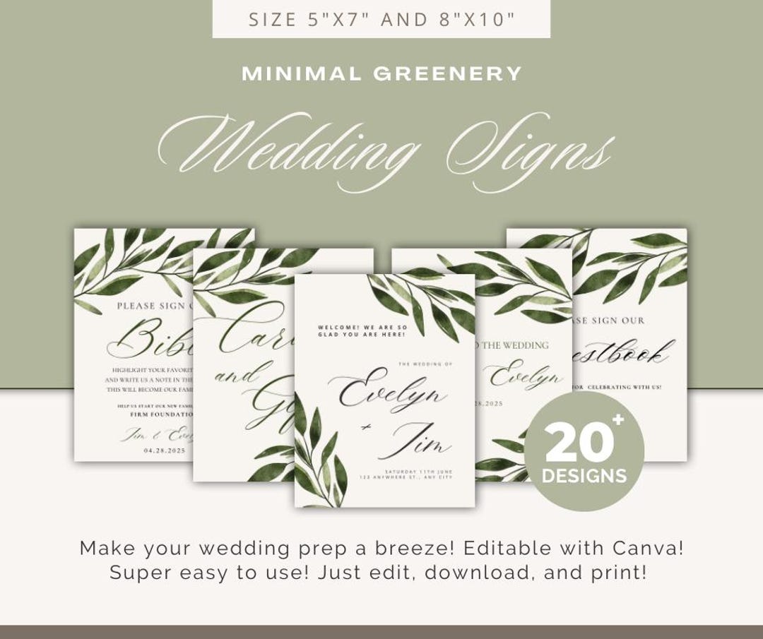 Wedding Sign Bundle Kit | Canva Template | Greenery Leafy Modern ...