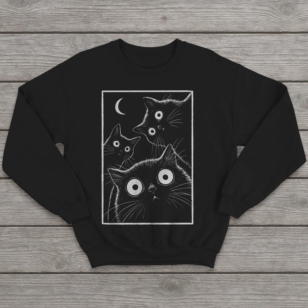 Vintage Black Cat Moon Sweatshirt Funny Cats Crewneck Retro Kitten ...