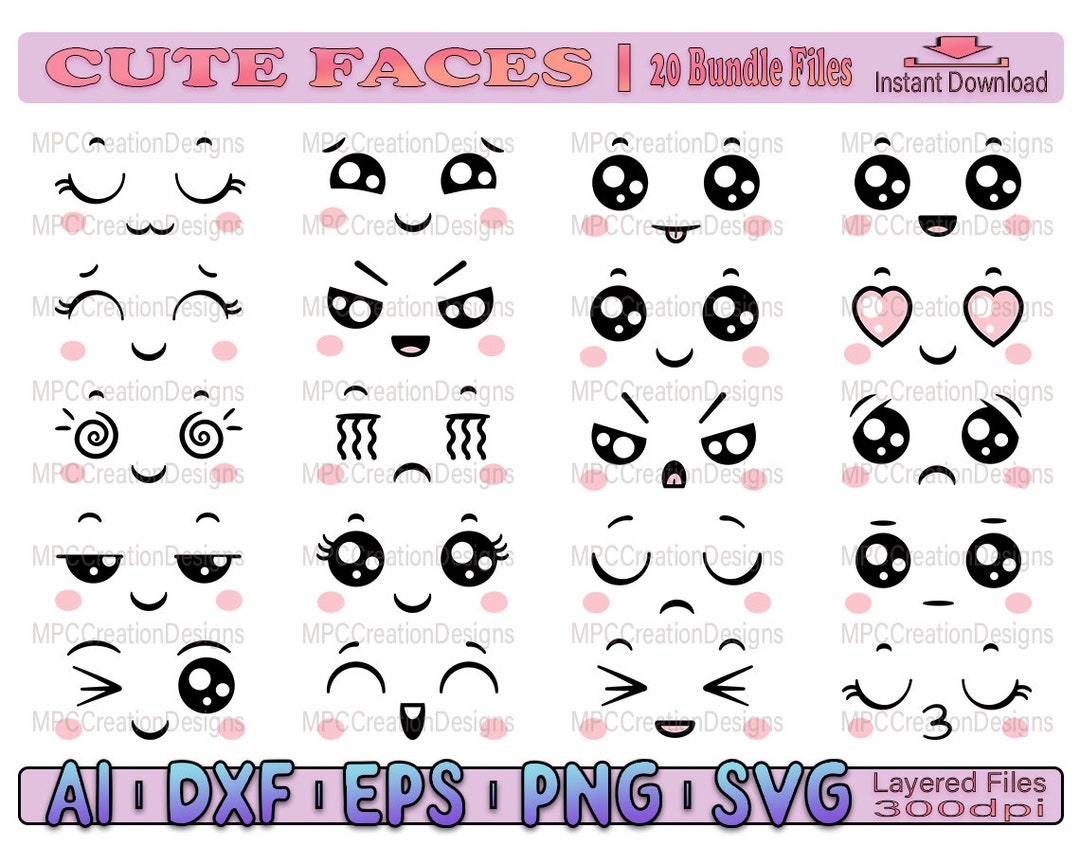 Smiley Face Svg Bundle, Cartoon Emotion Faces SVG Bundle, Kawaii Face ...