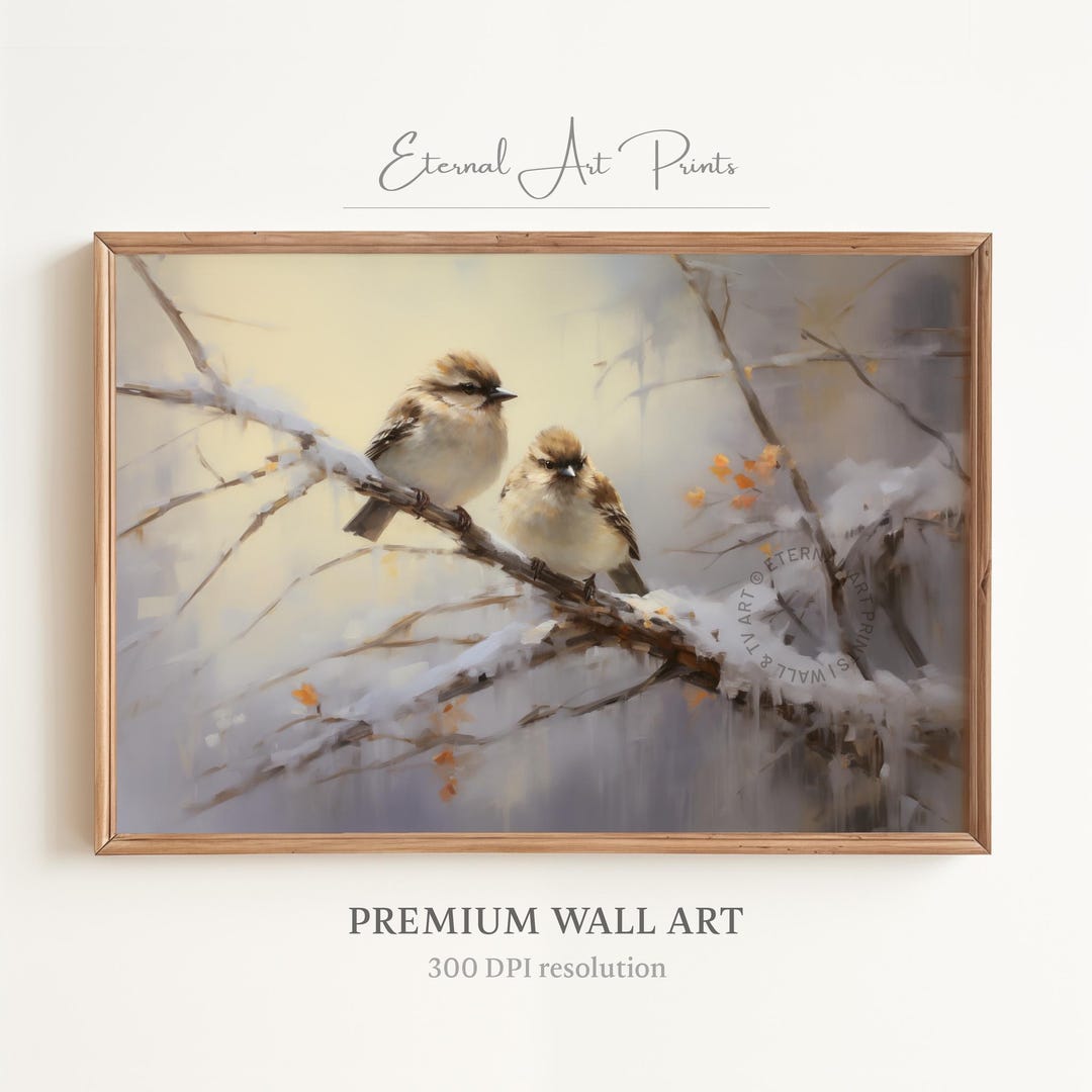 Printable Winter Birds Art, Two Birds on Snowy Branch, Vintage ...