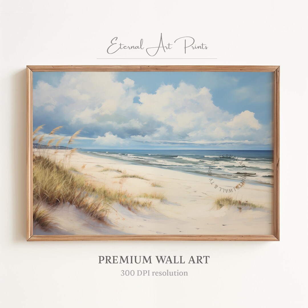 Printable Beach Shore Art, Sand Dunes and Grass, Ocean Waves, Shoreline ...