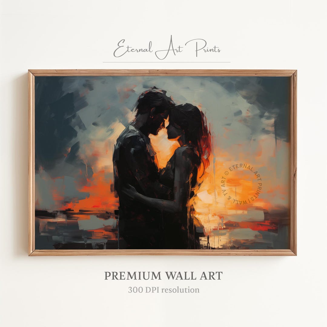 Printable Romantic Couple Art, Intimate Lovers at Sunset, Black ...