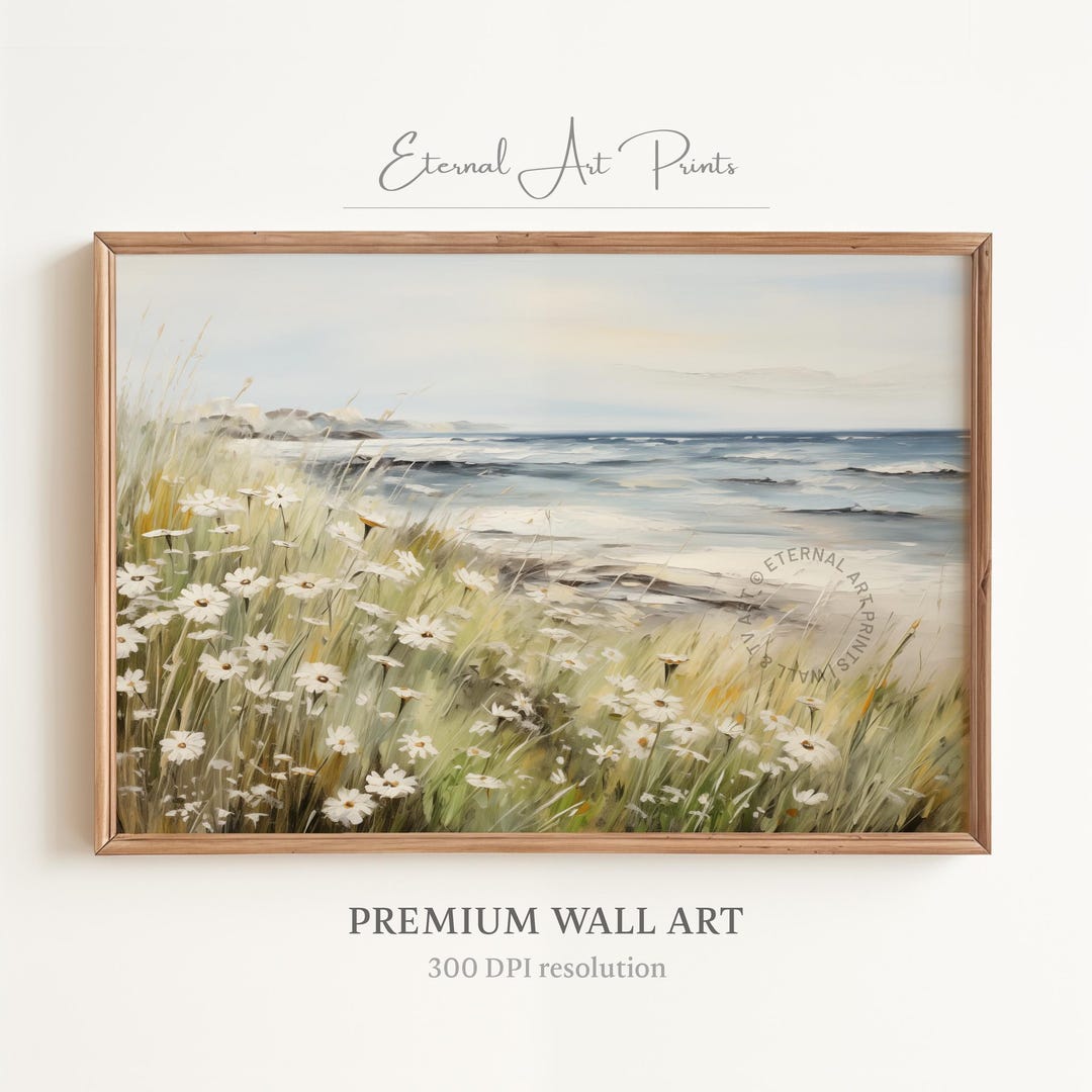 Printable Coastal Wildflowers Art, Daisy Field Overlooking the Ocean ...