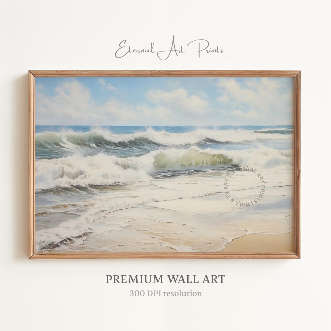 Printable Coastal Art, Rolling Ocean Waves on Sandy Beach, Seaside ...