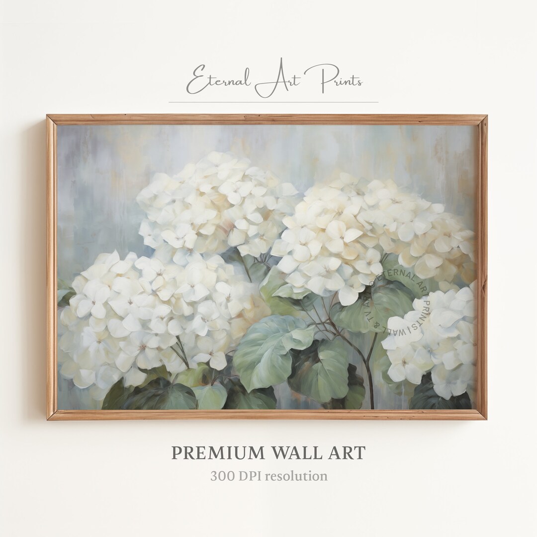 Printable Hydrangea Art, Blooming White Hydrangeas, Classic Floral ...