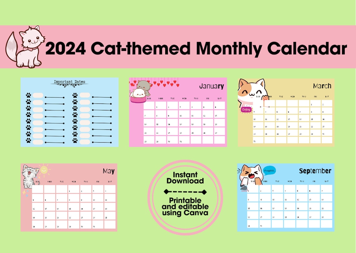 2024 Cat-themed Printable Monthly Calendar Pastel Colour Calendar Cute ...