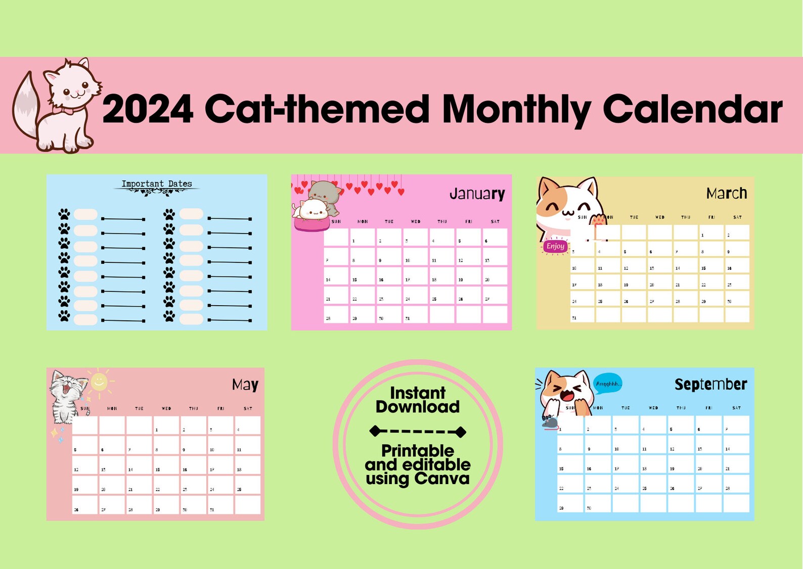 2024 Cat-themed Printable Monthly Calendar Pastel Colour Calendar Cute ...
