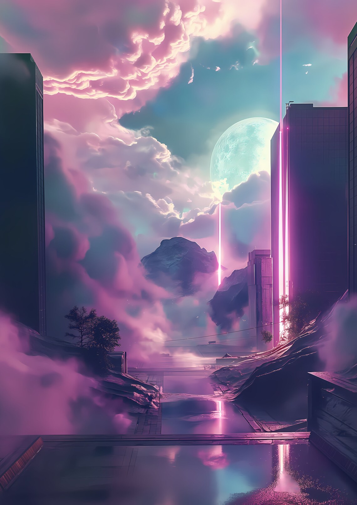 Darkwave Style Surreal Digital Art Print Futuristic City by Mountain ...