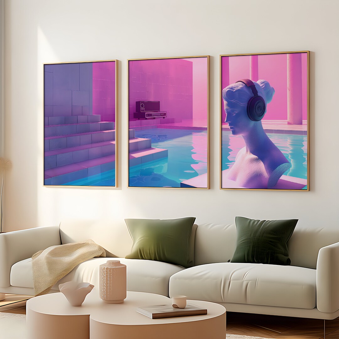 Abstract Vaporwave Decor 3 Piece Wall Art, Vaporwave Surreal Pool With ...