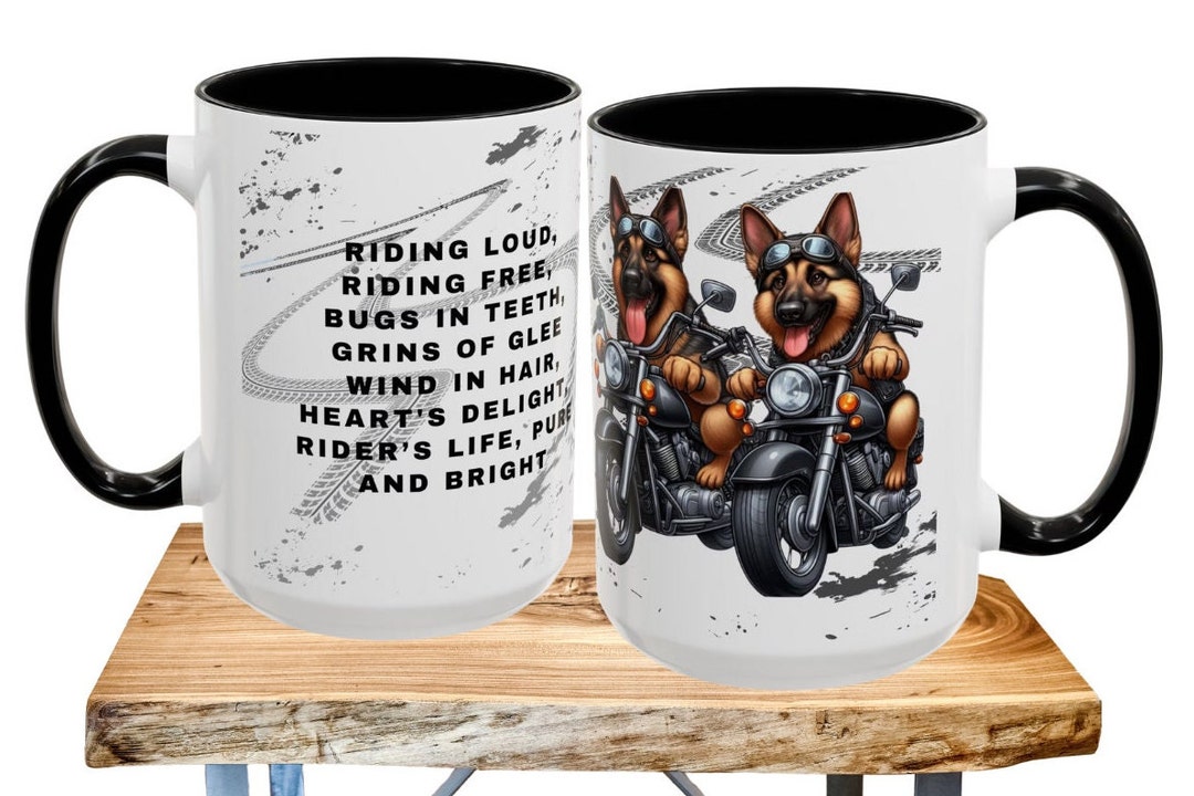 Derpy Dog Motorcycle Adventure Coffee Mug, German Shepherd on a ...