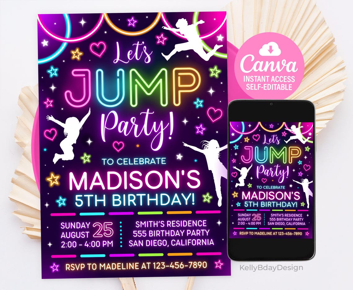 Jump Party Invitation, Jump Birthday Invite, Let's Jump Party, Editable ...