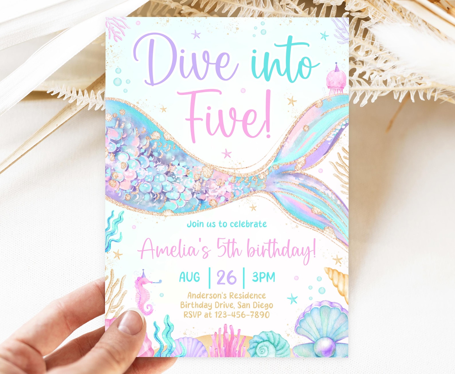 Dive Into Five 5th Birthday Mermaid Invitation, Mermaid Bash Under the ...