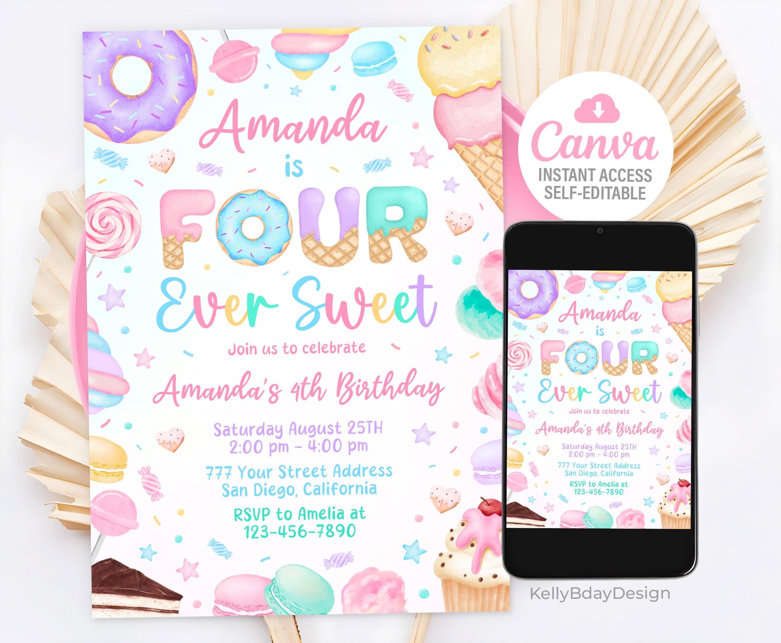 Four Ever Sweet Birthday Invitation, 4th Birthday Girl Invite, Sweet ...