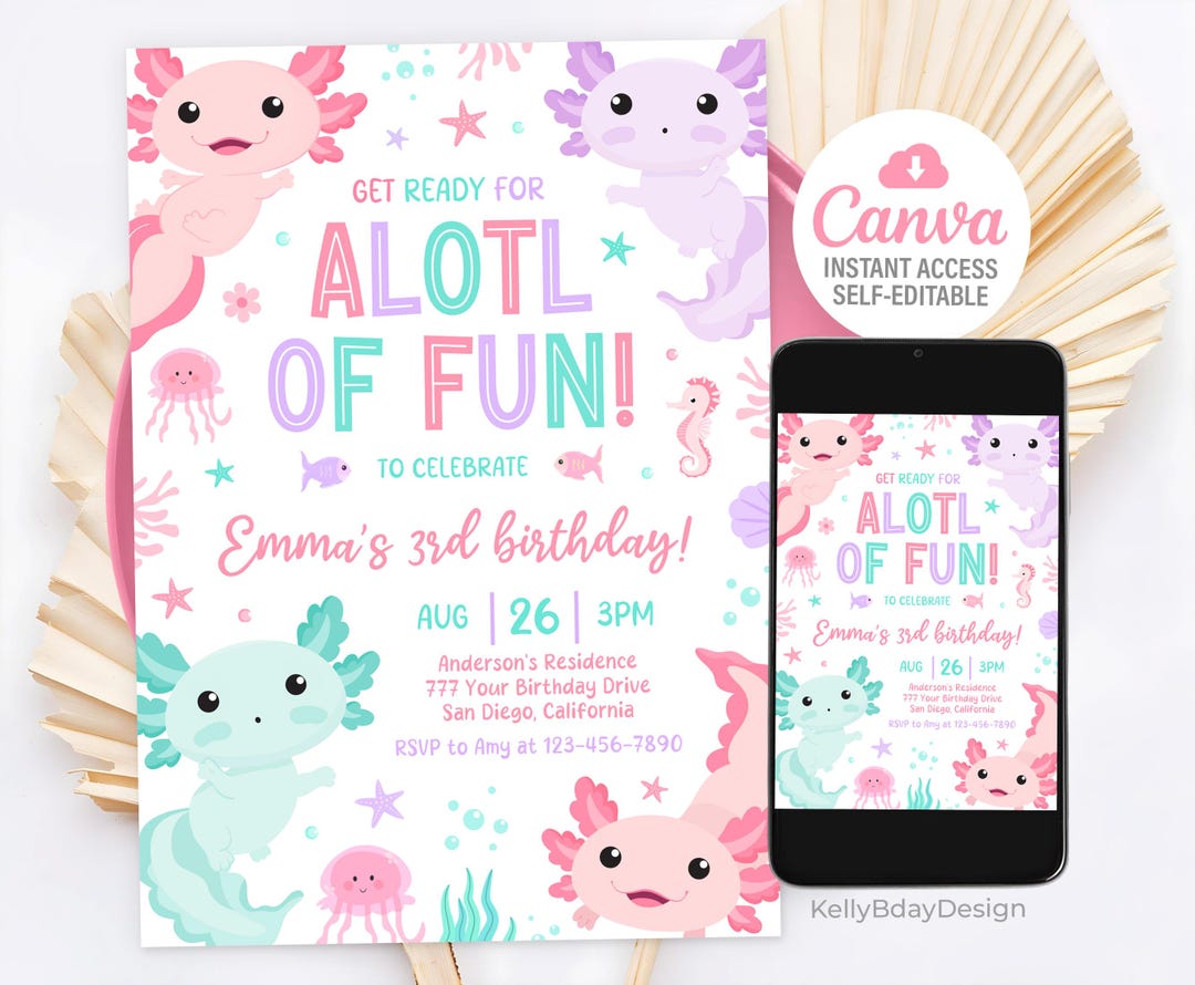 Axolotl Birthday Invitation, Alotl Fun Invitation, Girl Birthday Party ...