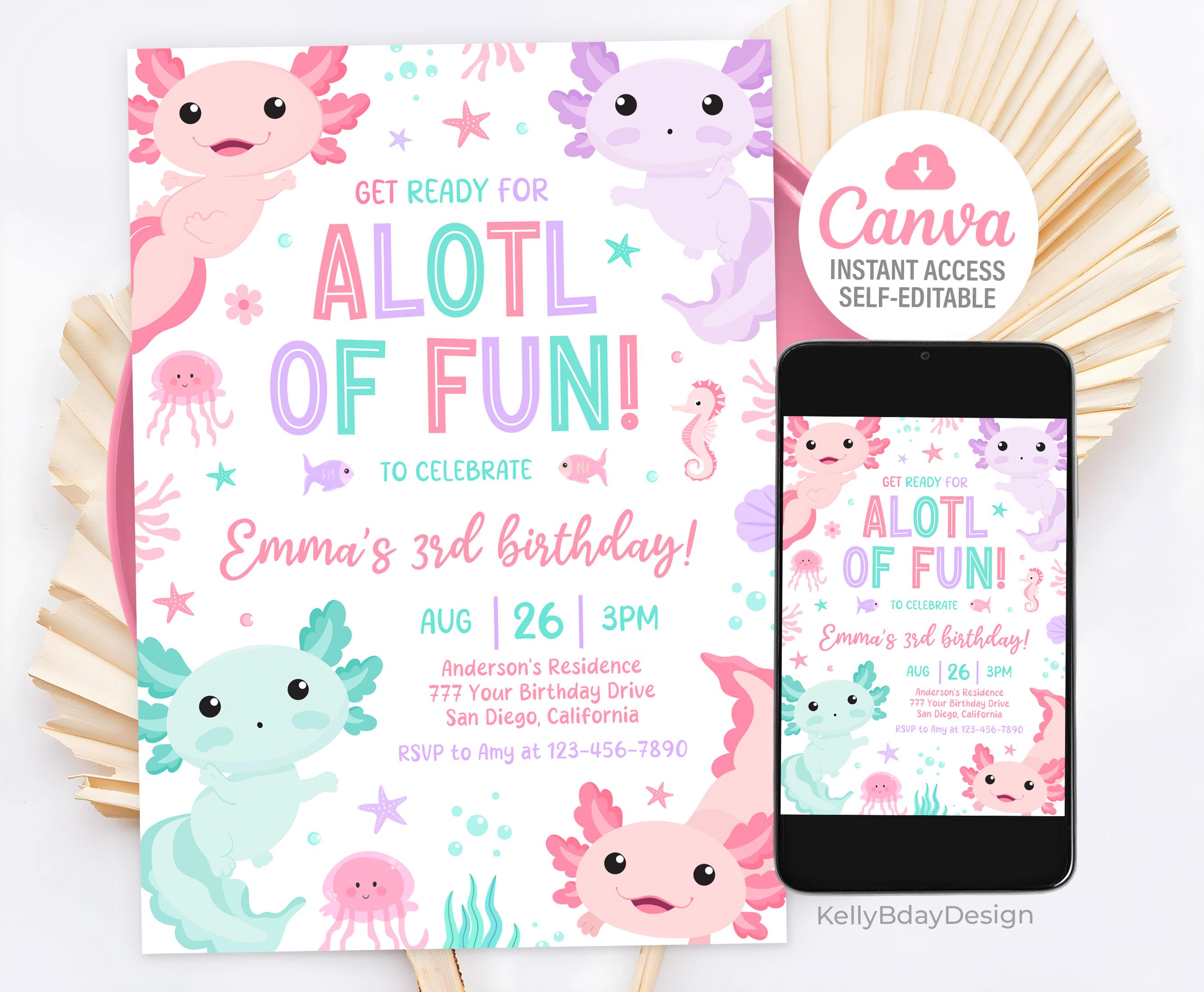 Axolotl Birthday Invitation, Alotl Fun Invitation, Girl Birthday Party ...