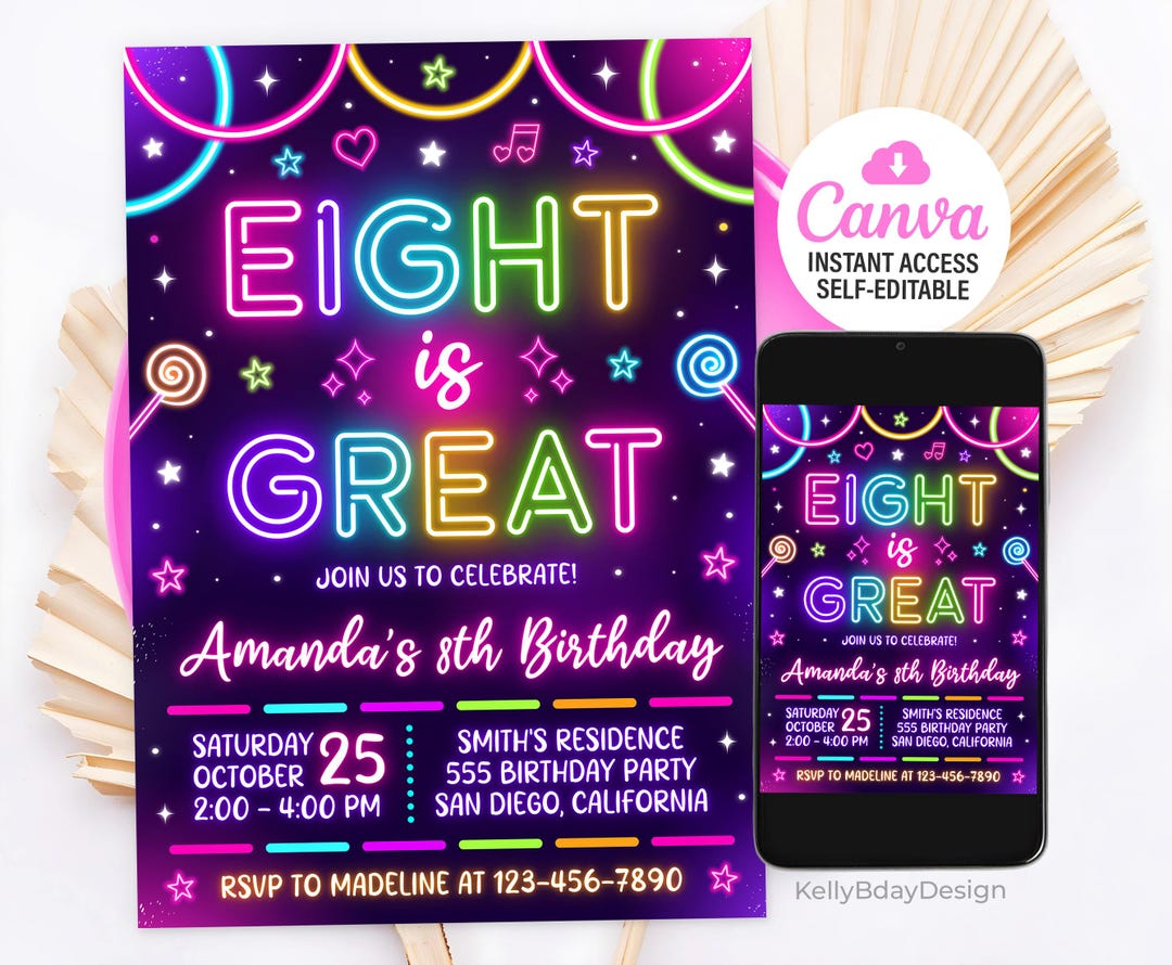 Eight is Great Birthday Invitation, 8th Birthday Girl Invite, Eight is ...