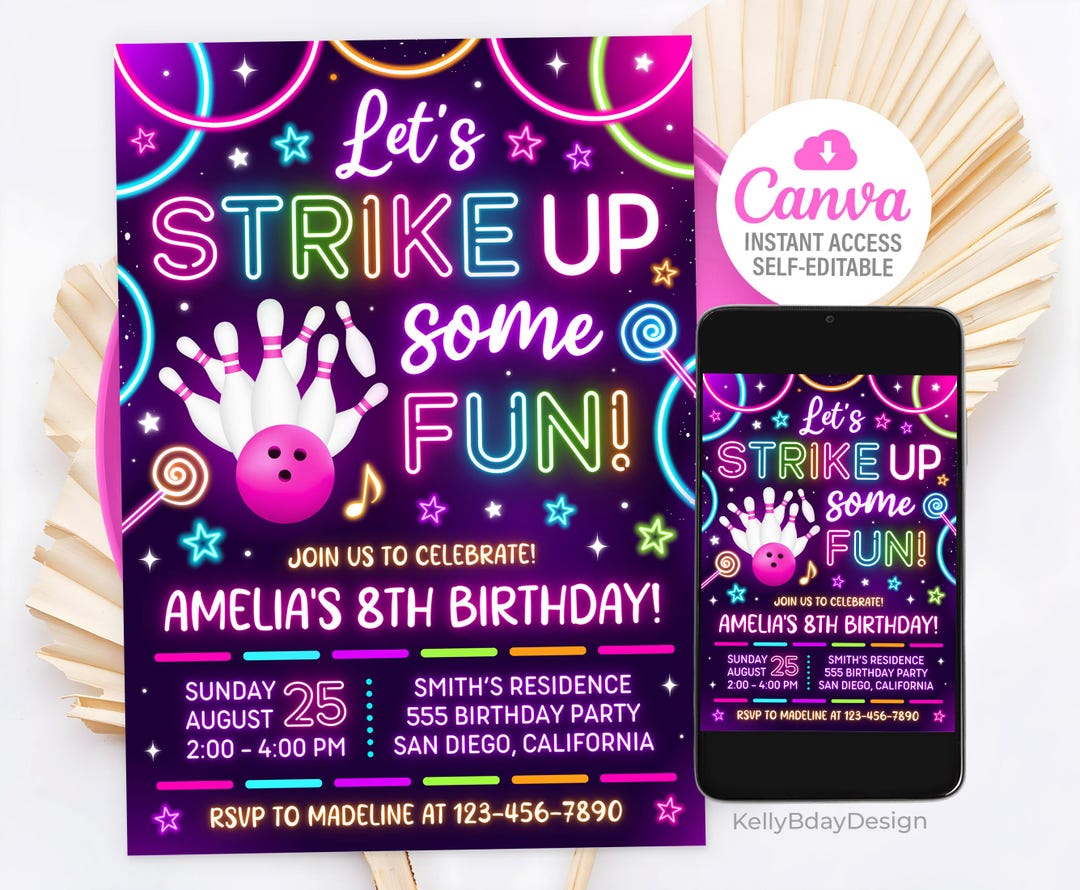 Bowling Birthday Invitation, Bowling Party Invite, Let's Strike up Some ...