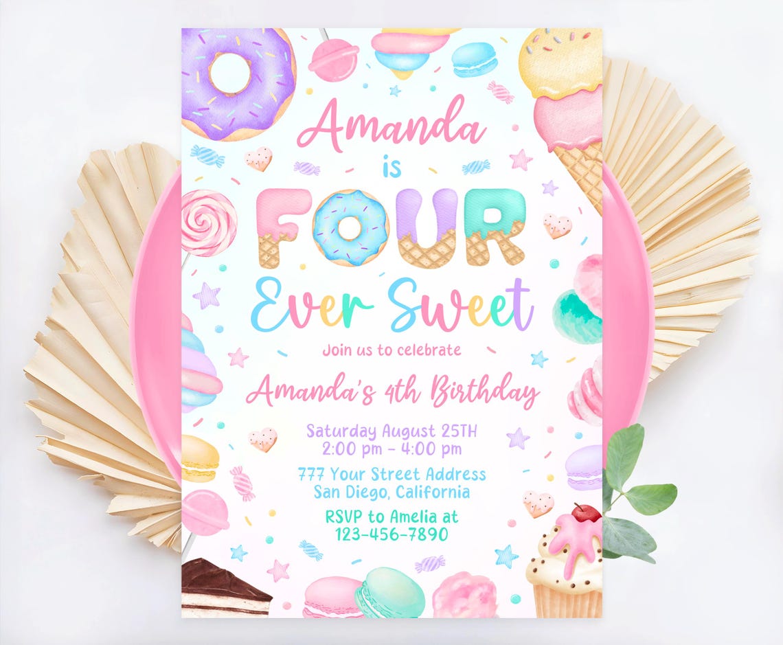 Four Ever Sweet Birthday Invitation, 4th Birthday Girl Invite, Sweet ...