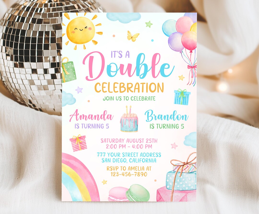 Editable Double Birthday Invitation, Sibling Party (canva Template) - Etsy
