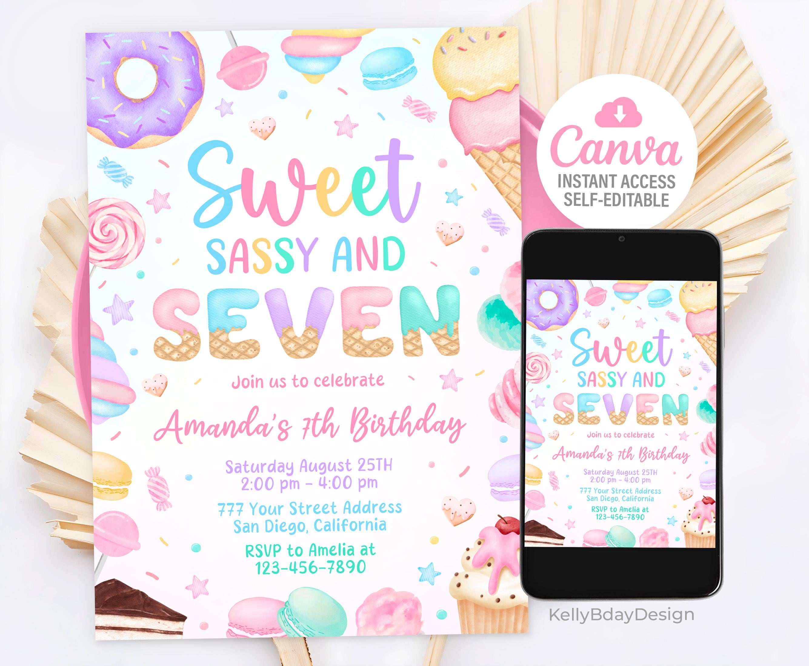 Sweet Sassy and Seven Birthday Invitation, 7th Birthday Girl Invite ...