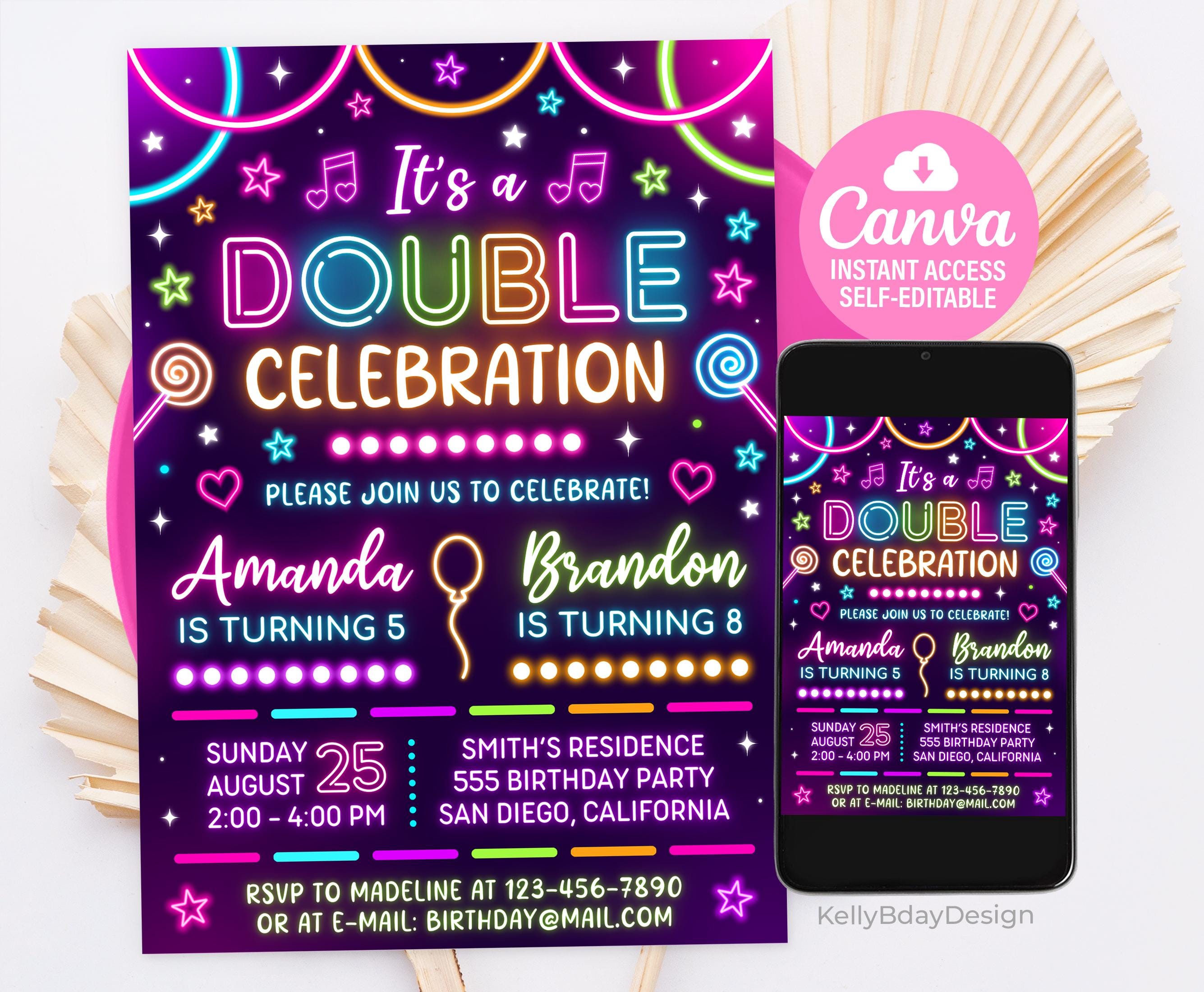Double Birthday Invitation, Siblings Birthday Invite, Neon Double ...