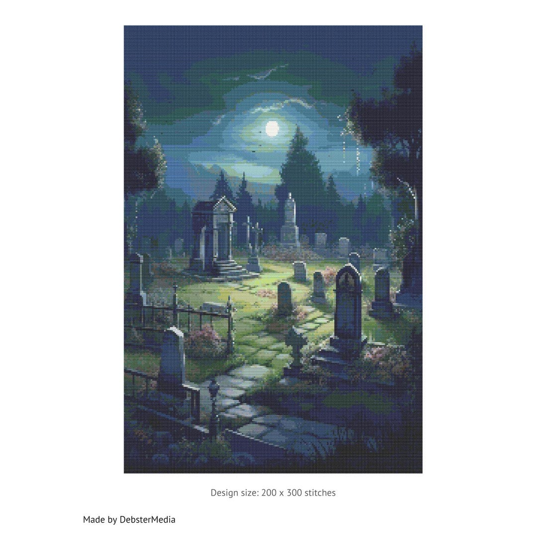0084 Graveyard by Night / Cross Stitch Pattern / Graveyard at Night ...